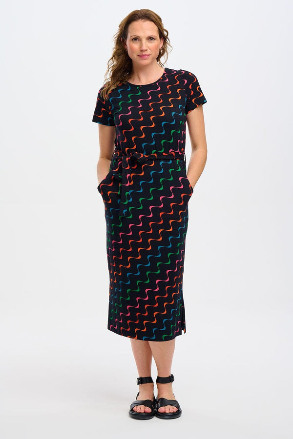Sugarhill Flissy Jersey Midi Dress - Black, Undulating Waves - BouChic