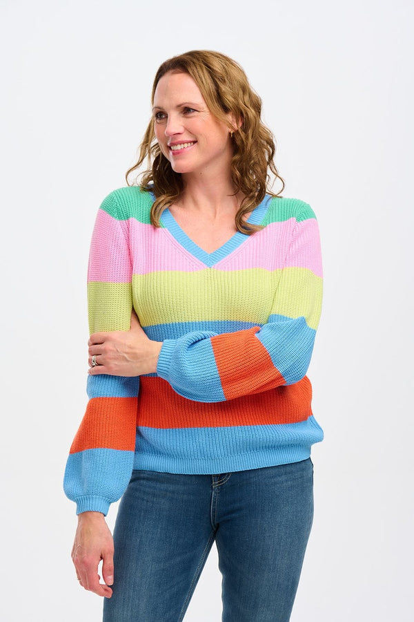 Sugarhill Rashina V-Neck Jumper - Multi, Bold Stripes - BouChic